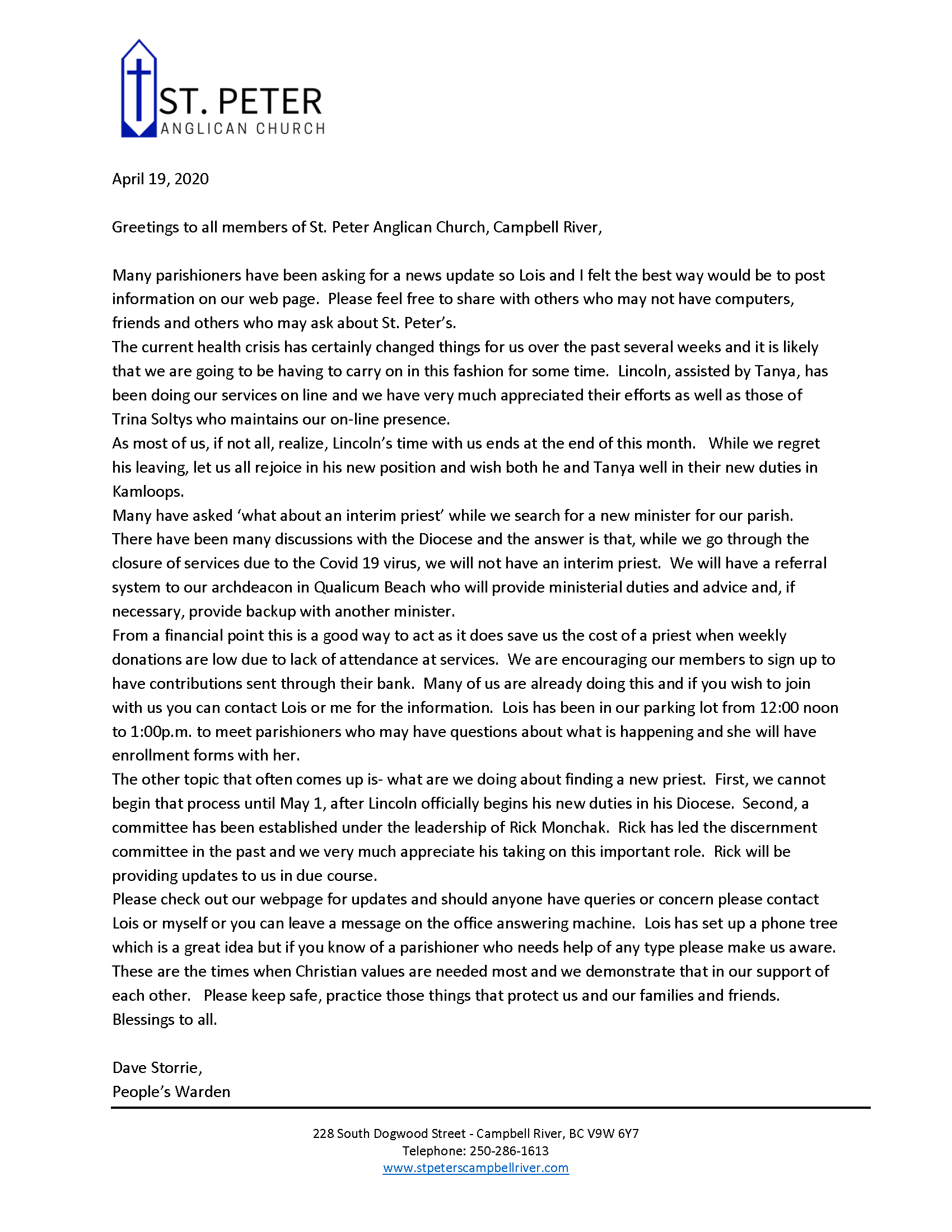 Letter from Council | Parish Council | St. Peter Anglican Church